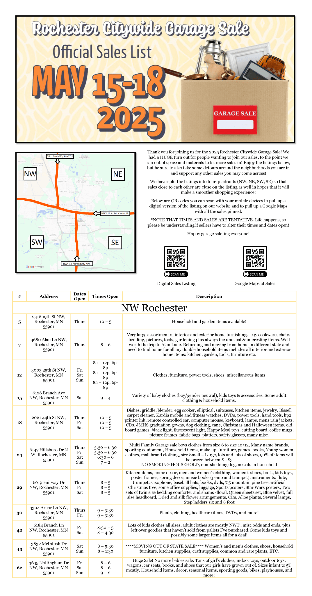 Map and List – Rochester Citywide Garage Sales